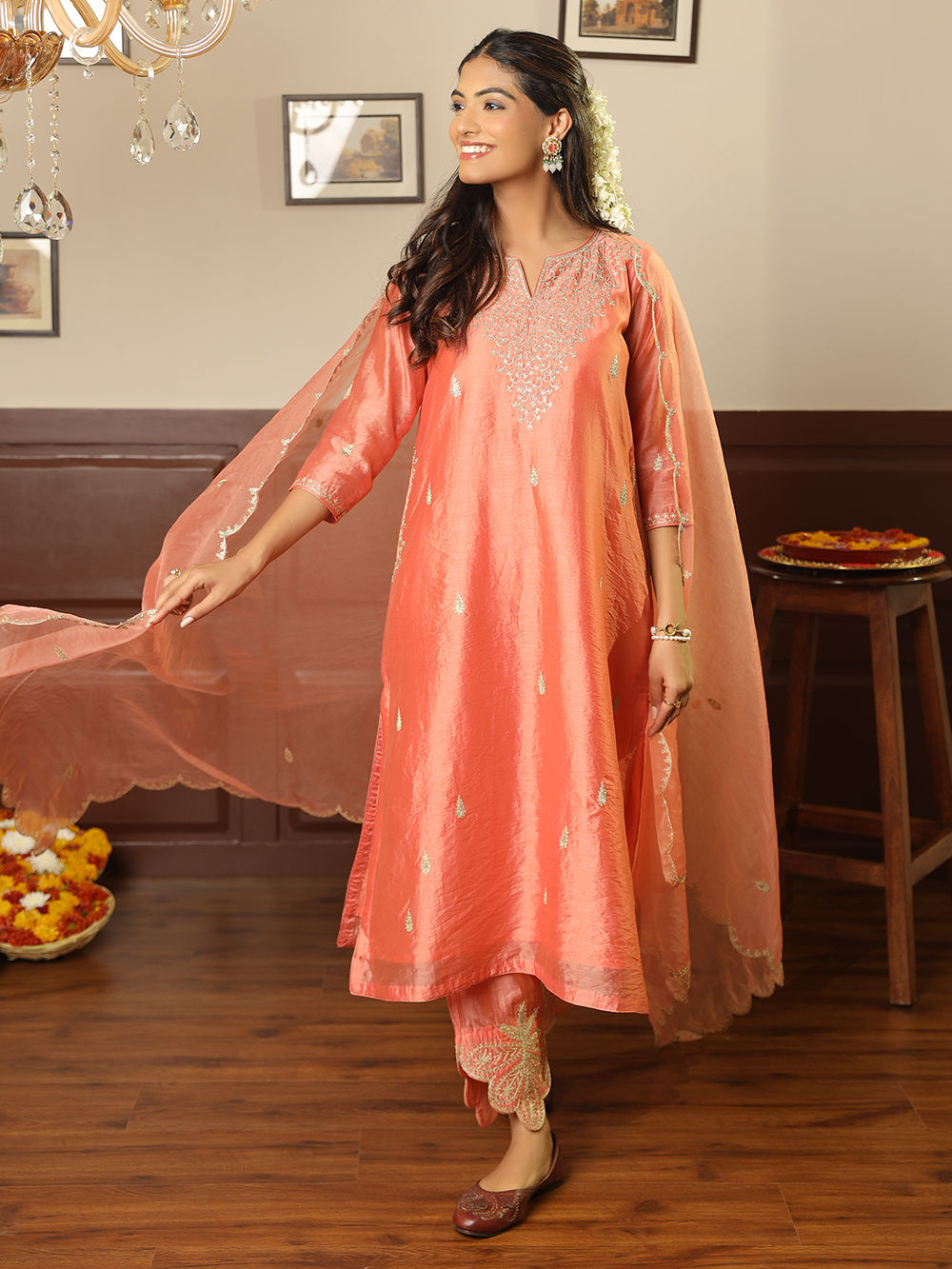 Light Pink Embroidered Chanderi Suit- Set of 3