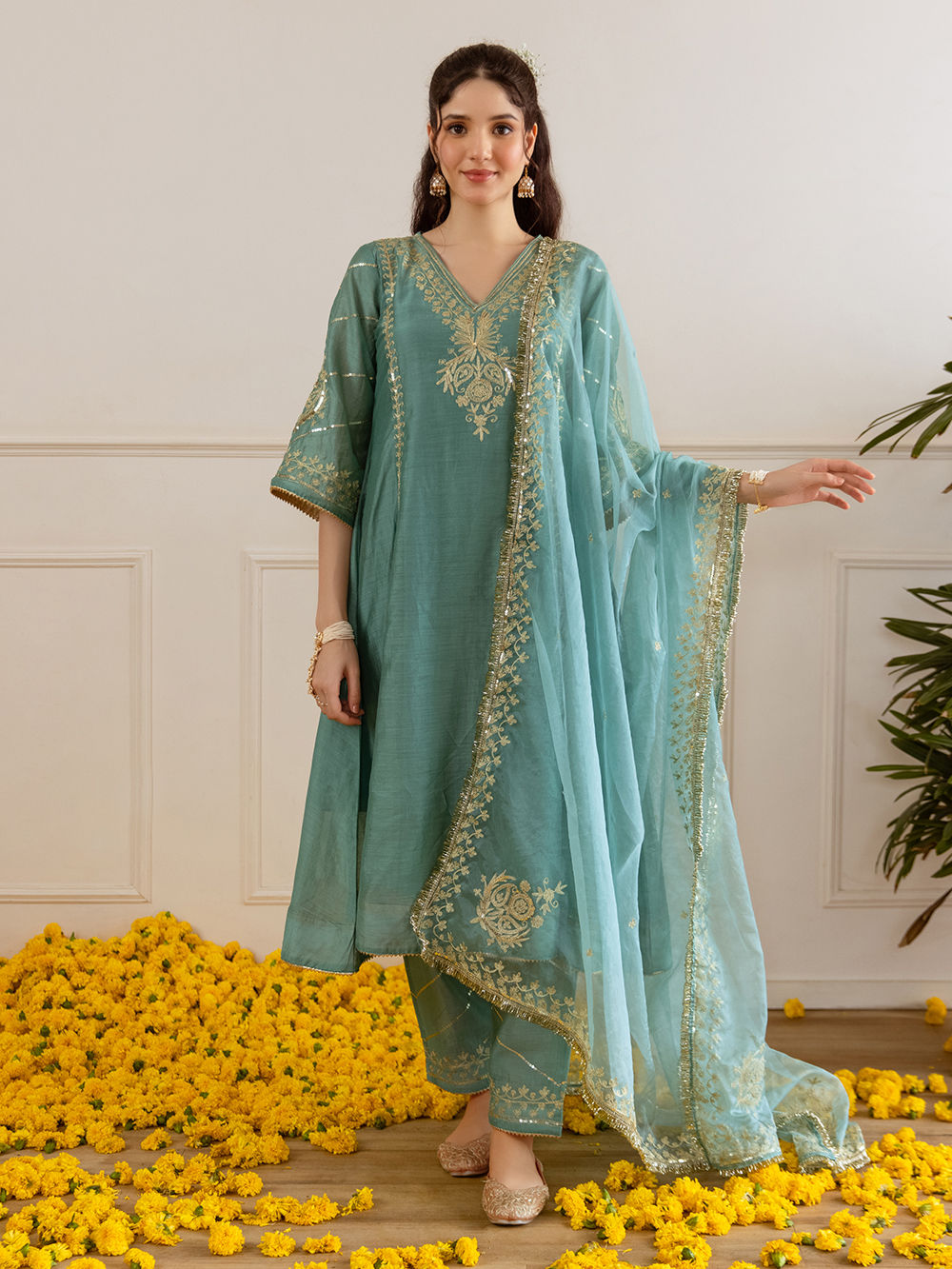 Maroon Zari Embroidered Chanderi Suit - Set of 3