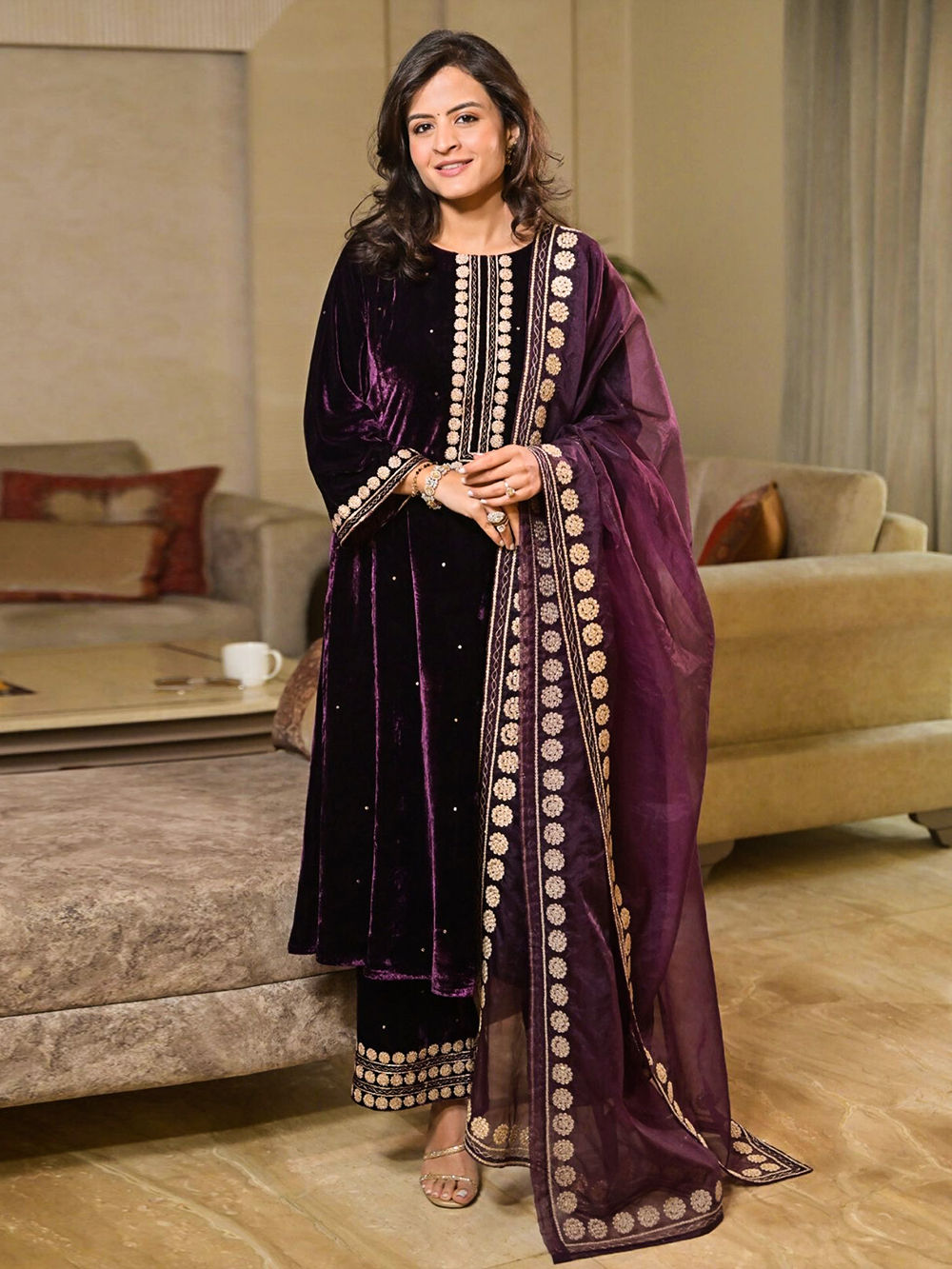 Green Embroidered Velvet Suit- Set of 3