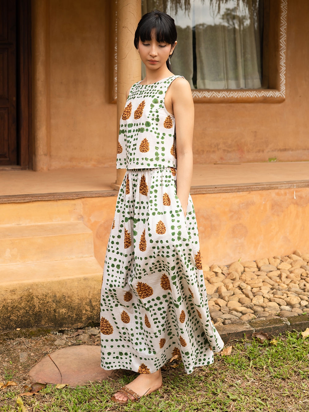 Ivory Green Printed Cotton Dress