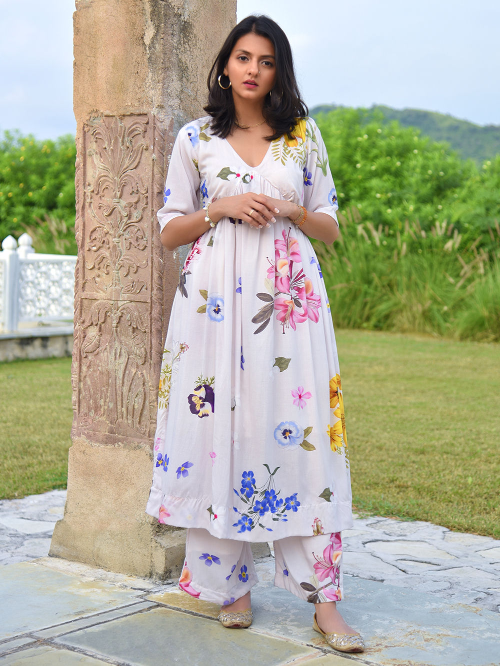 Green Printed Modal Kurta with Pants - Set of 2