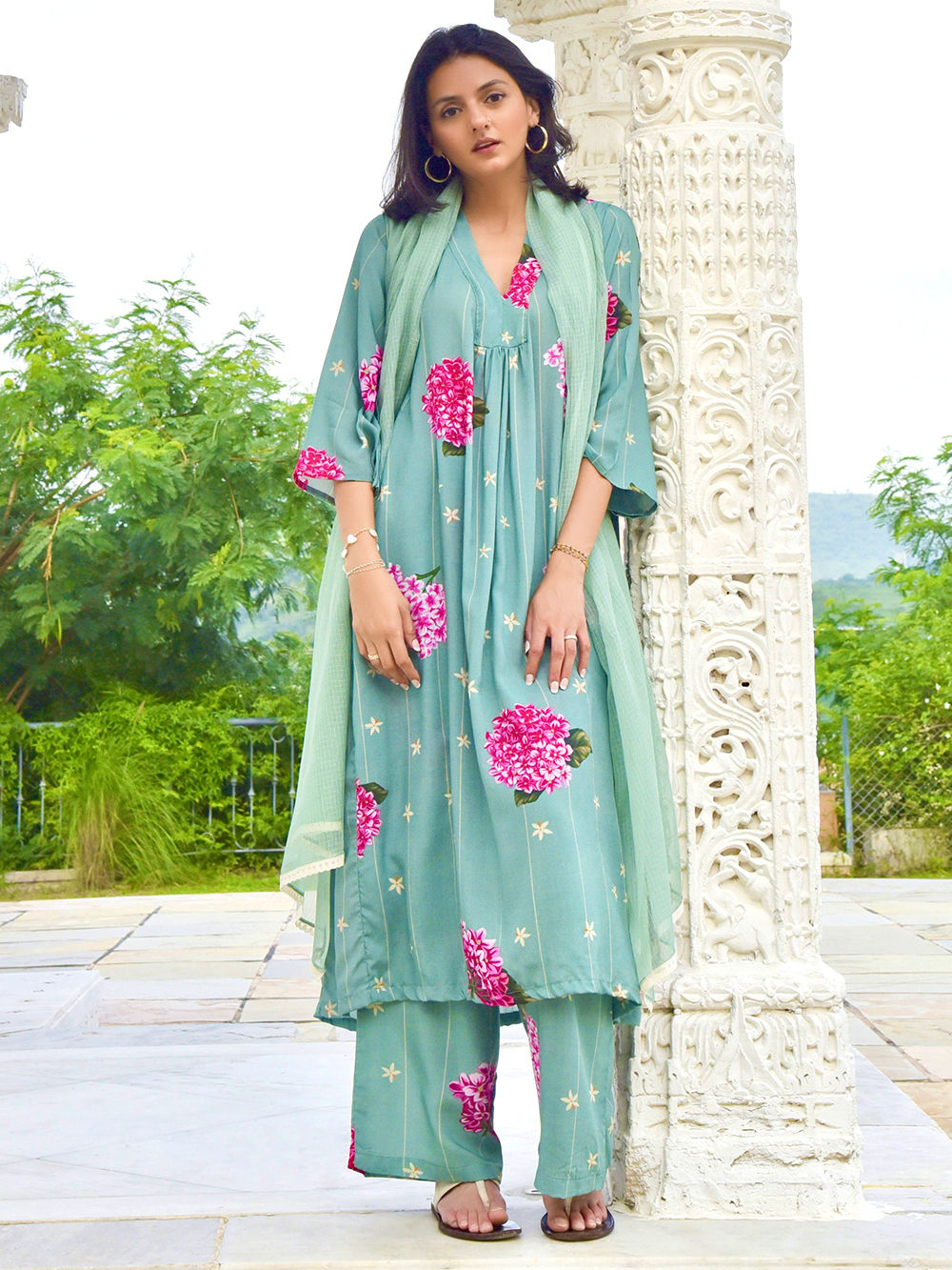 Green Printed Modal Tunic with Pants - Set of 2