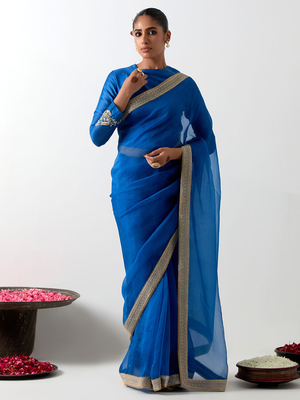 Sky Blue Chanderi Ruffled Ready to Wear Saree with Blouse- Set of 2