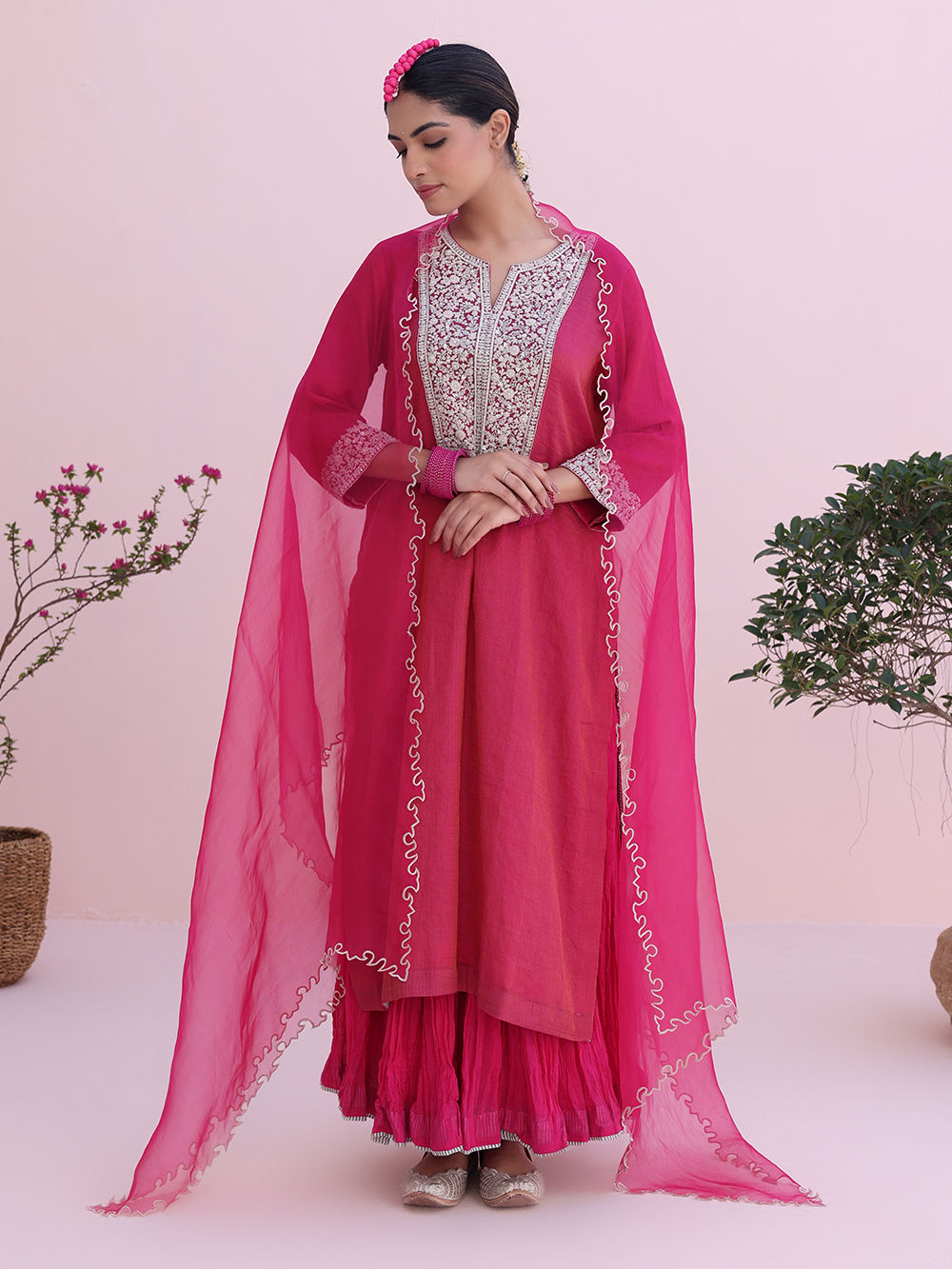 Pink Dori Embroidered Chanderi Silk Suit - Set of 3