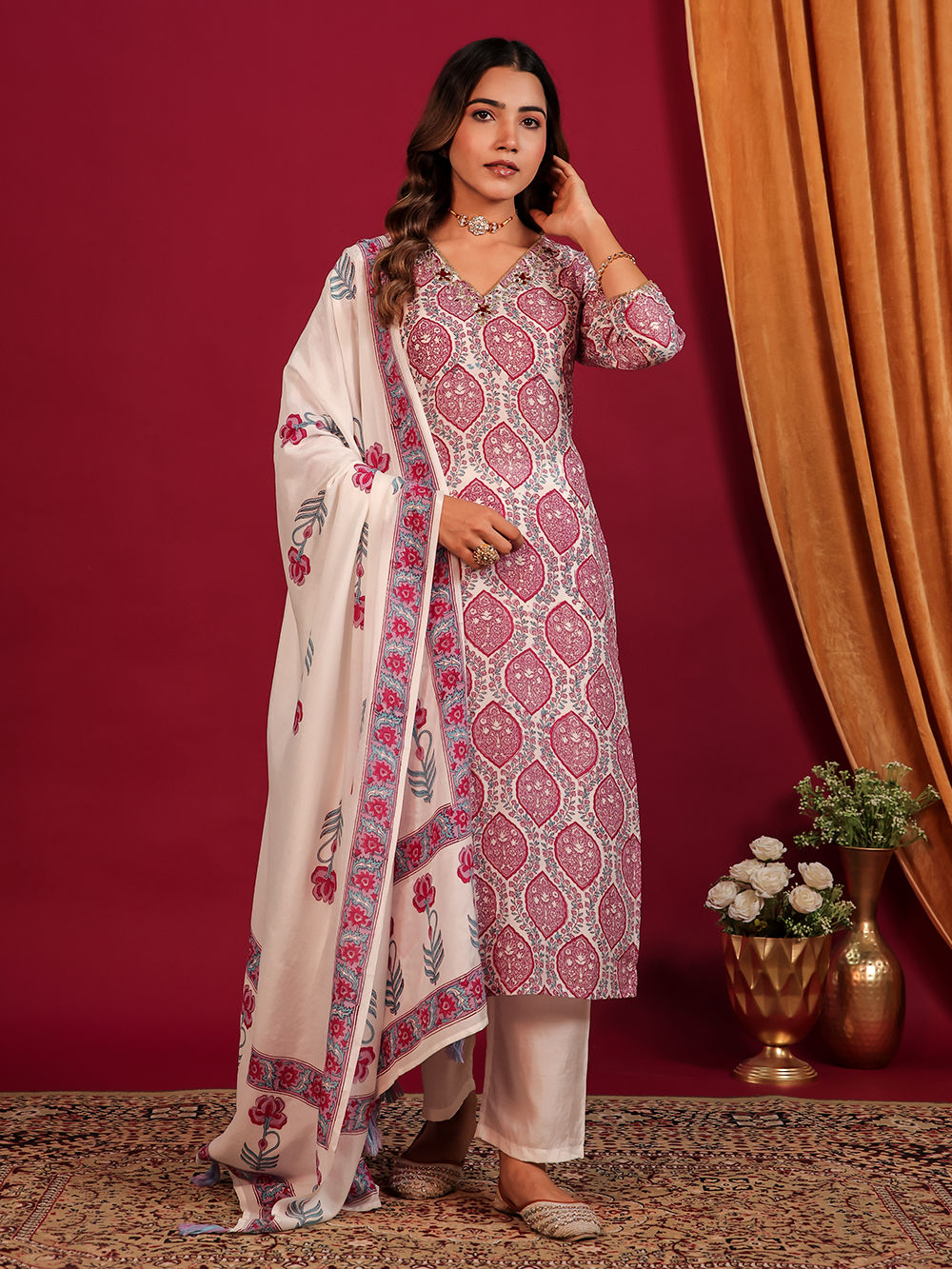 Pink Hand Embroidered Muslin Suit- Set of 3