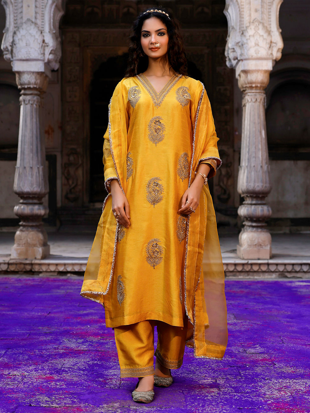 Pink Dori Embroidered Raw Silk Suit- Set of 3