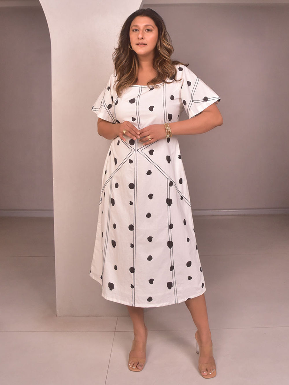 White Hand Block Printed Cotton Blend Dress