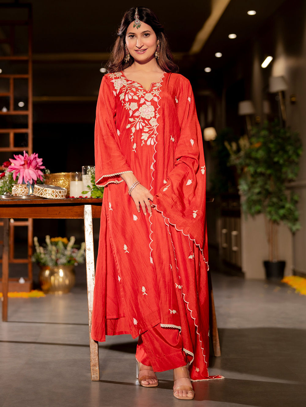 Red Printed Cotton Embroidered Suit- Set of 3