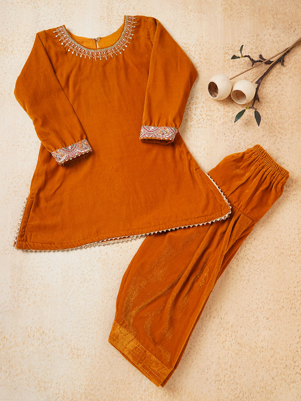 Green Embroidered Velvet Kurta with Afghani Salwar- Set of 2