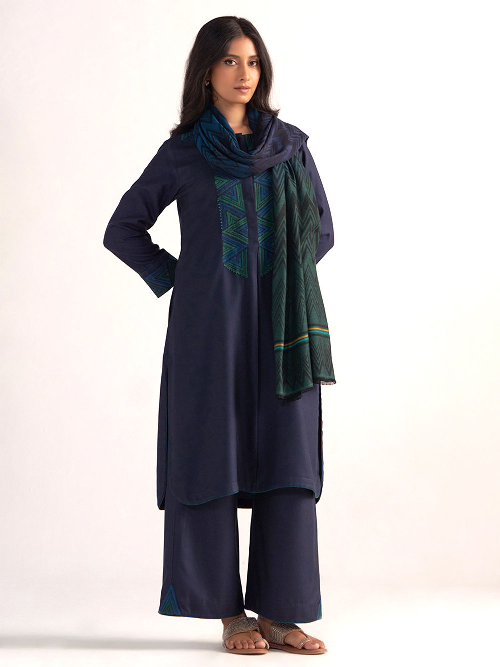 Bottle Green Embroidered Viscose Wool Suit- Set of 3