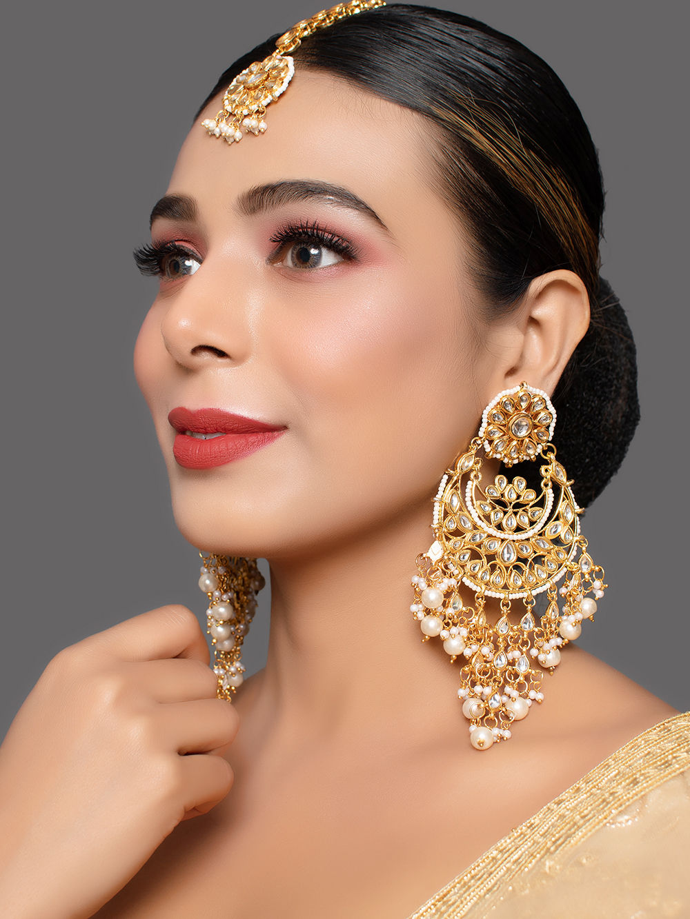 Gold Toned Handcrafted Copper Alloy Necklace with Earrings- Set of 2