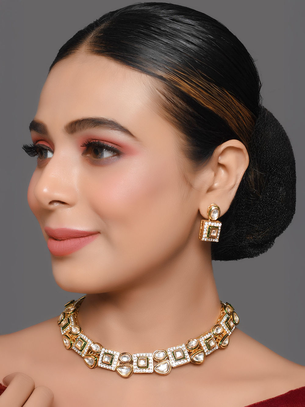 Gold Toned Handcrafted Copper Alloy Necklace with Earrings- Set of 2