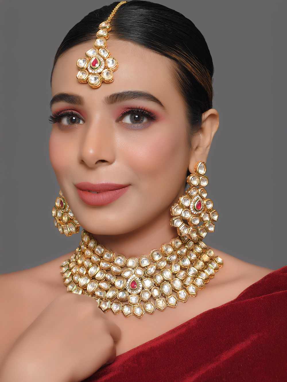 Gold Toned Handcrafted Copper Alloy Necklace with Earrings- Set of 2
