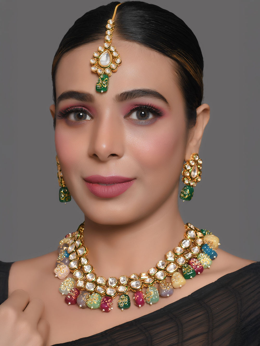Gold Toned Handcrafted Copper Alloy Necklace with Earrings- Set of 2