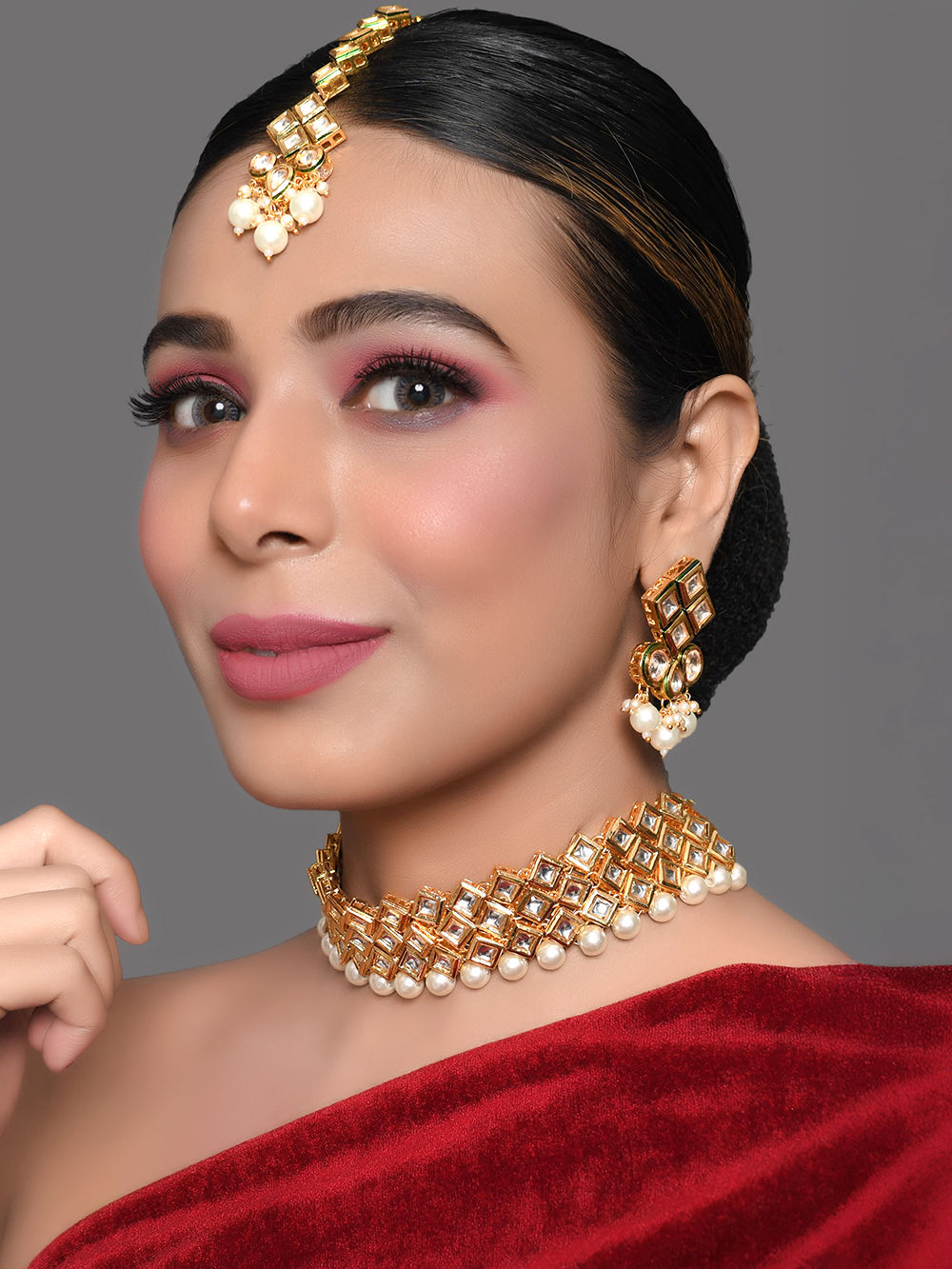 Gold Toned Handcrafted Copper Alloy Necklace with Earrings- Set of 2