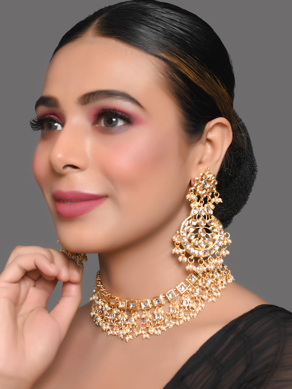 Gold Toned Handcrafted Copper Alloy Necklace with Earrings- Set of 2