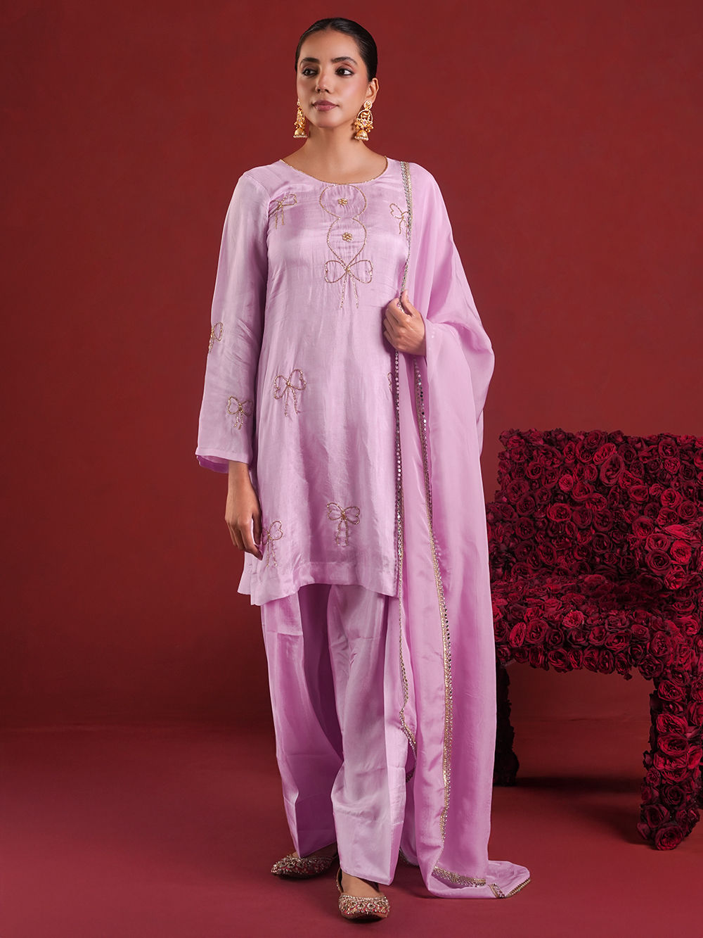 Yellow Embroidered Silk Suit- Set of 3