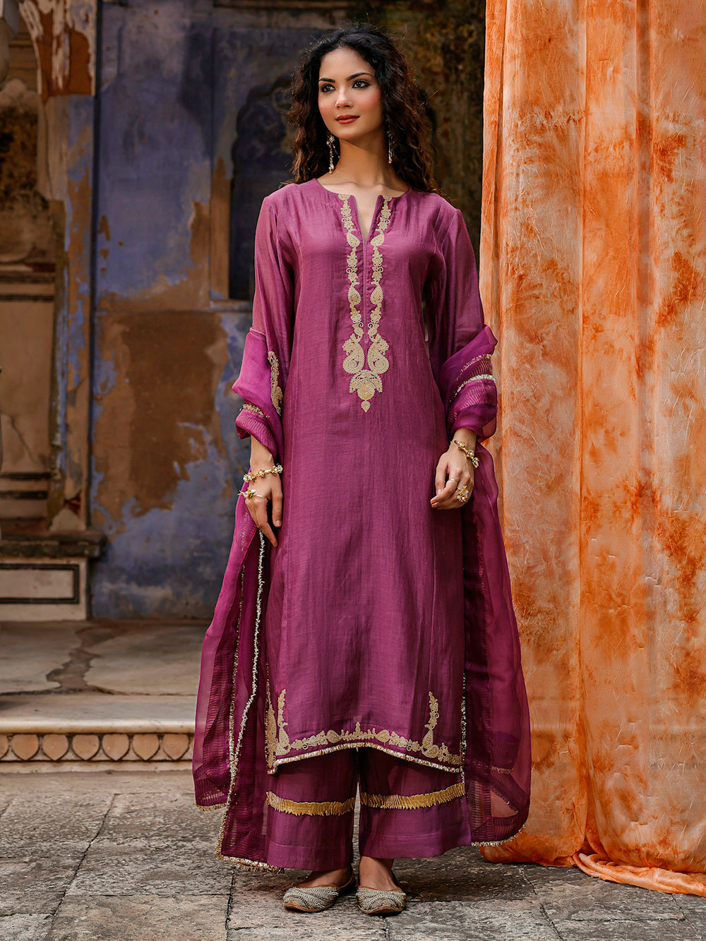 Pink Dori Embroidered Raw Silk Suit- Set of 3