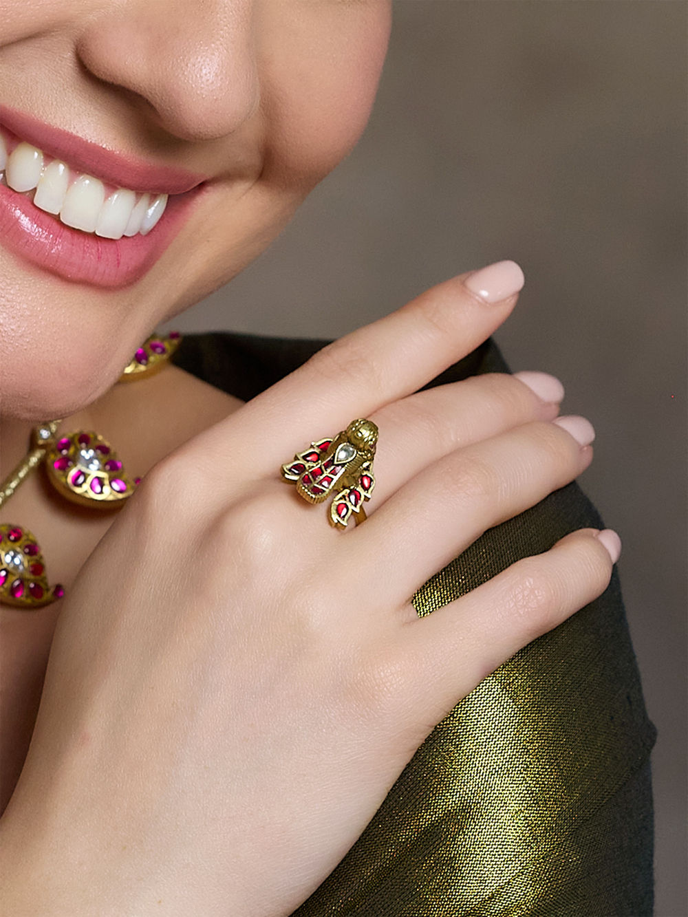 Gold Toned Green Handcrafted Brass Pokli Ring