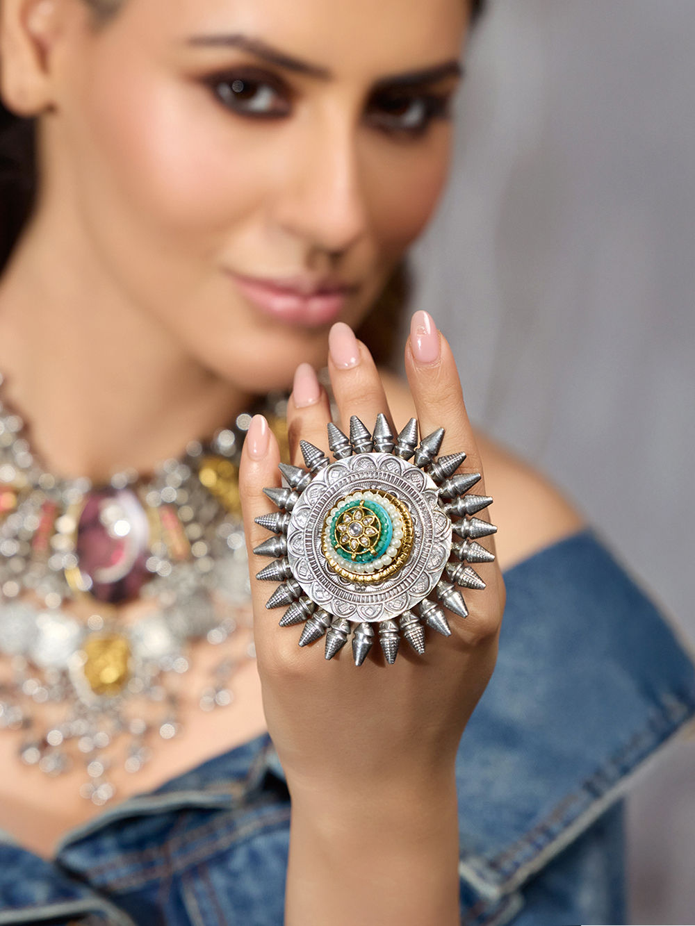 Gold Toned Green Handcrafted Brass Pokli Ring