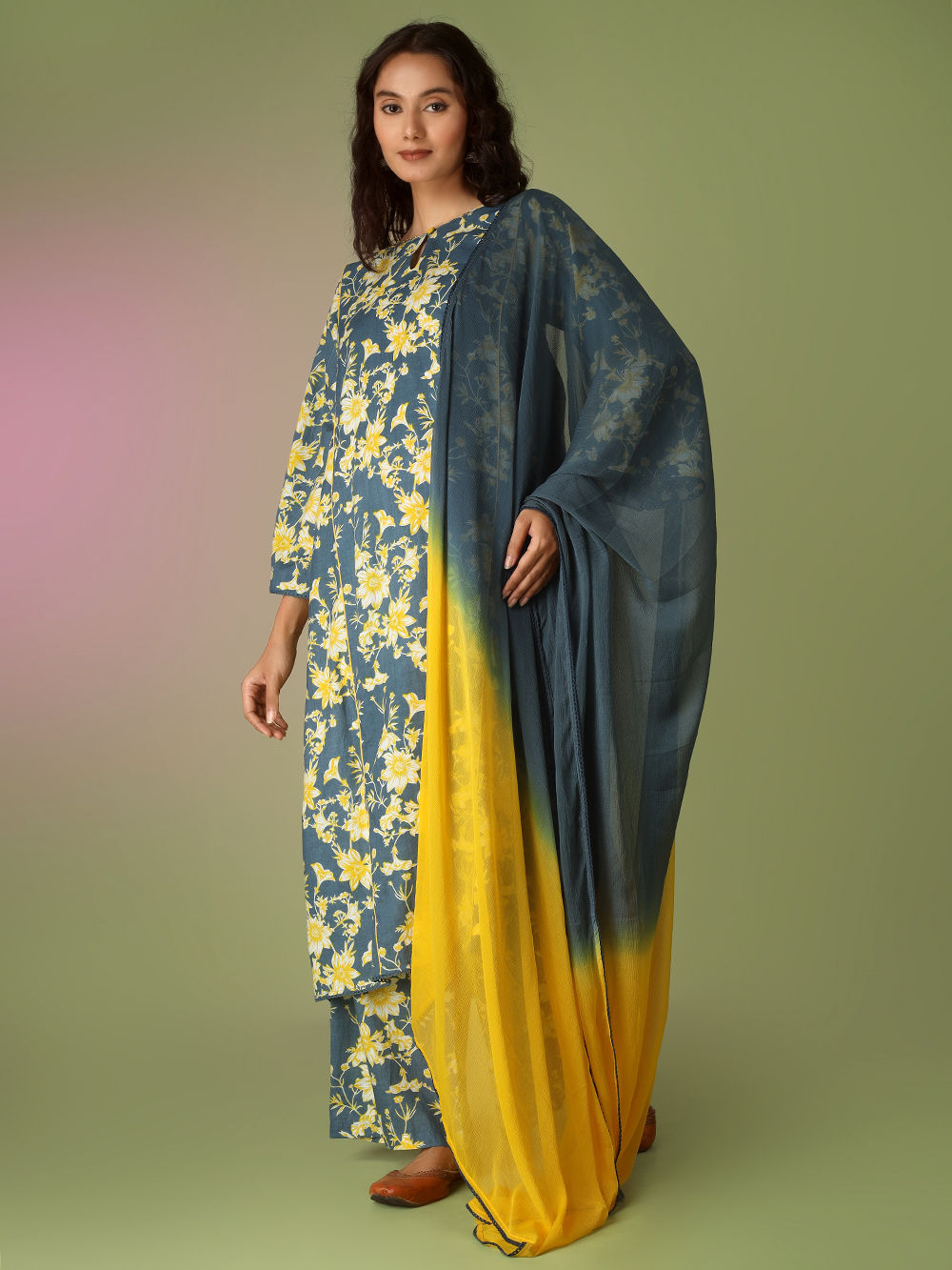 Green Printed Cotton Suit- Set of 3