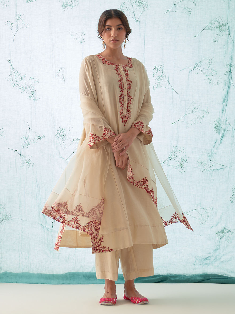 Ivory Yellow Hand Embroidered Chanderi Saree with Blouse and Underskirt ...