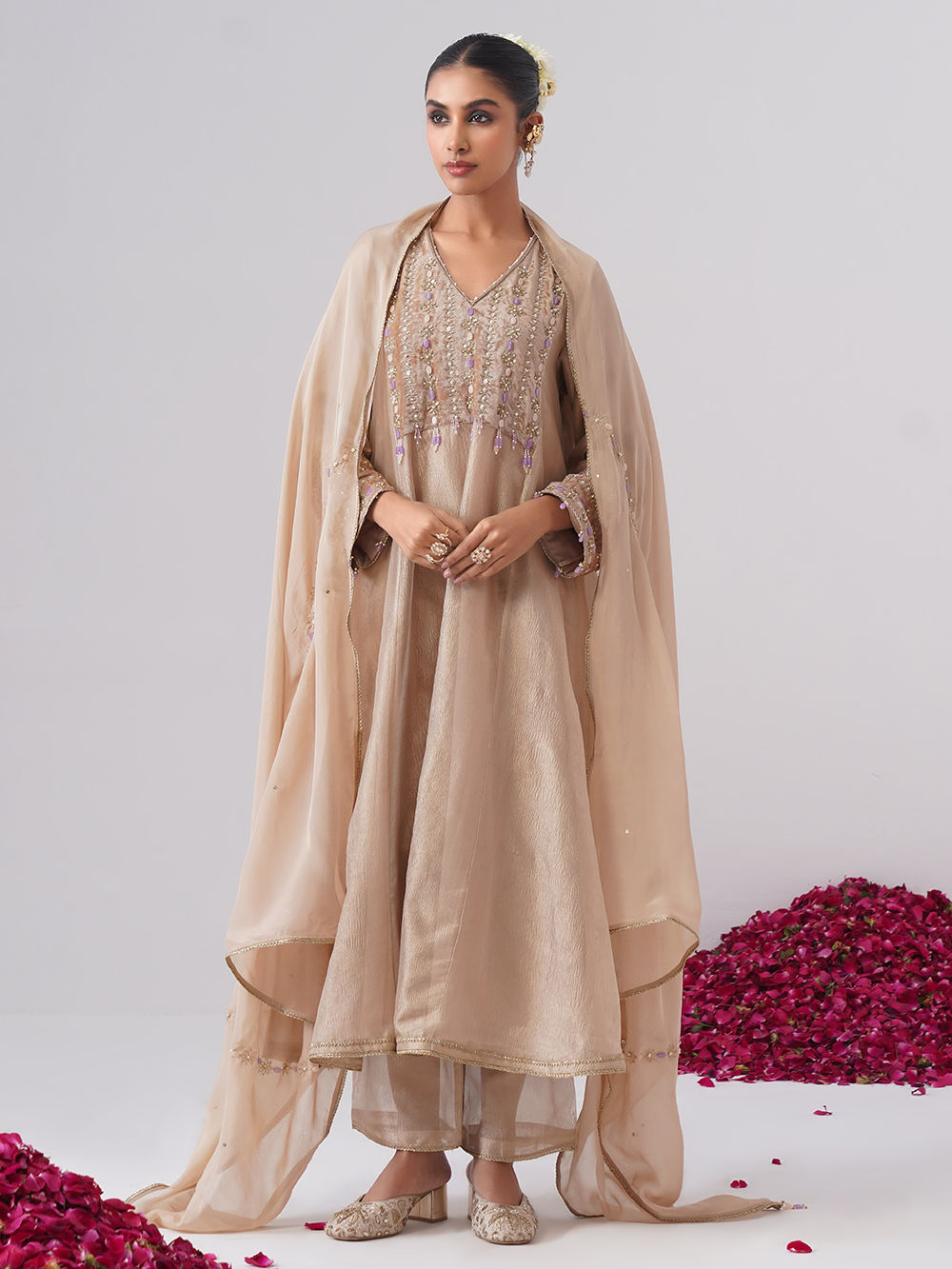 Purple Hand Embroidered Crushed Tissue Silk Suit - Set of 3