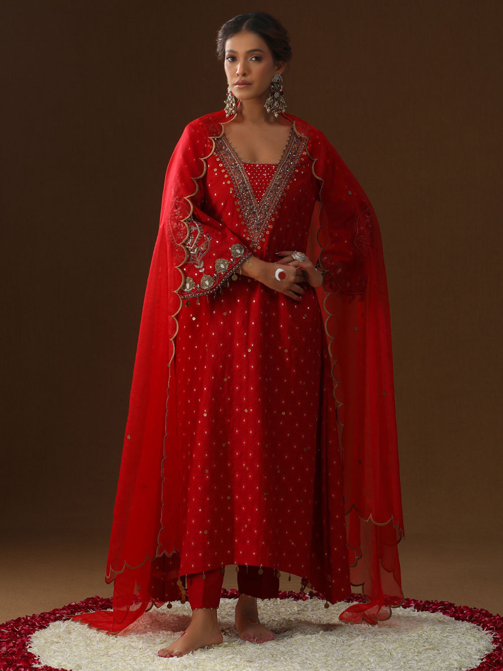 Red Hand Embroidered Silk Suit- Set of 3