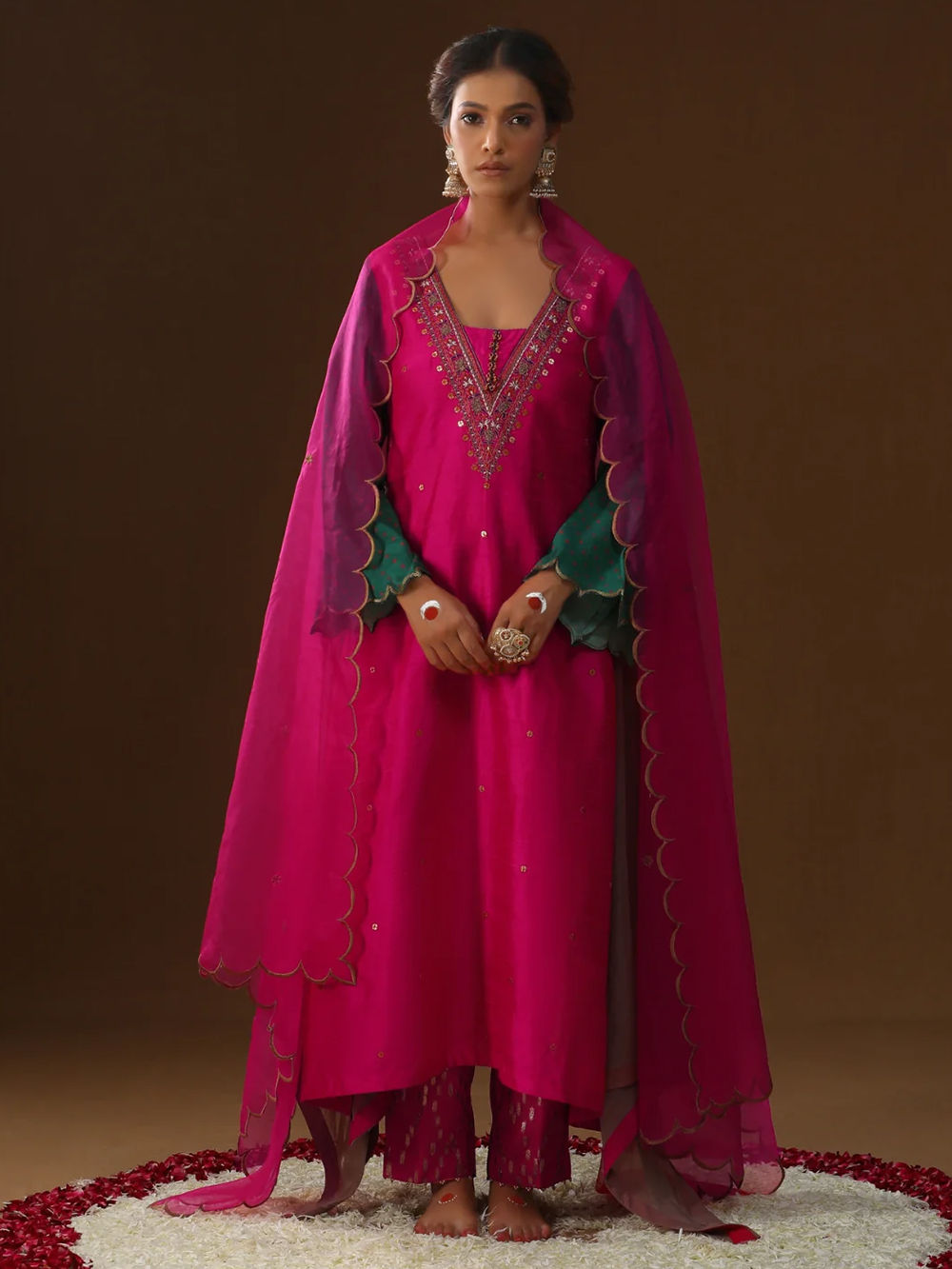 Red Hand Embroidered Silk Suit- Set of 3