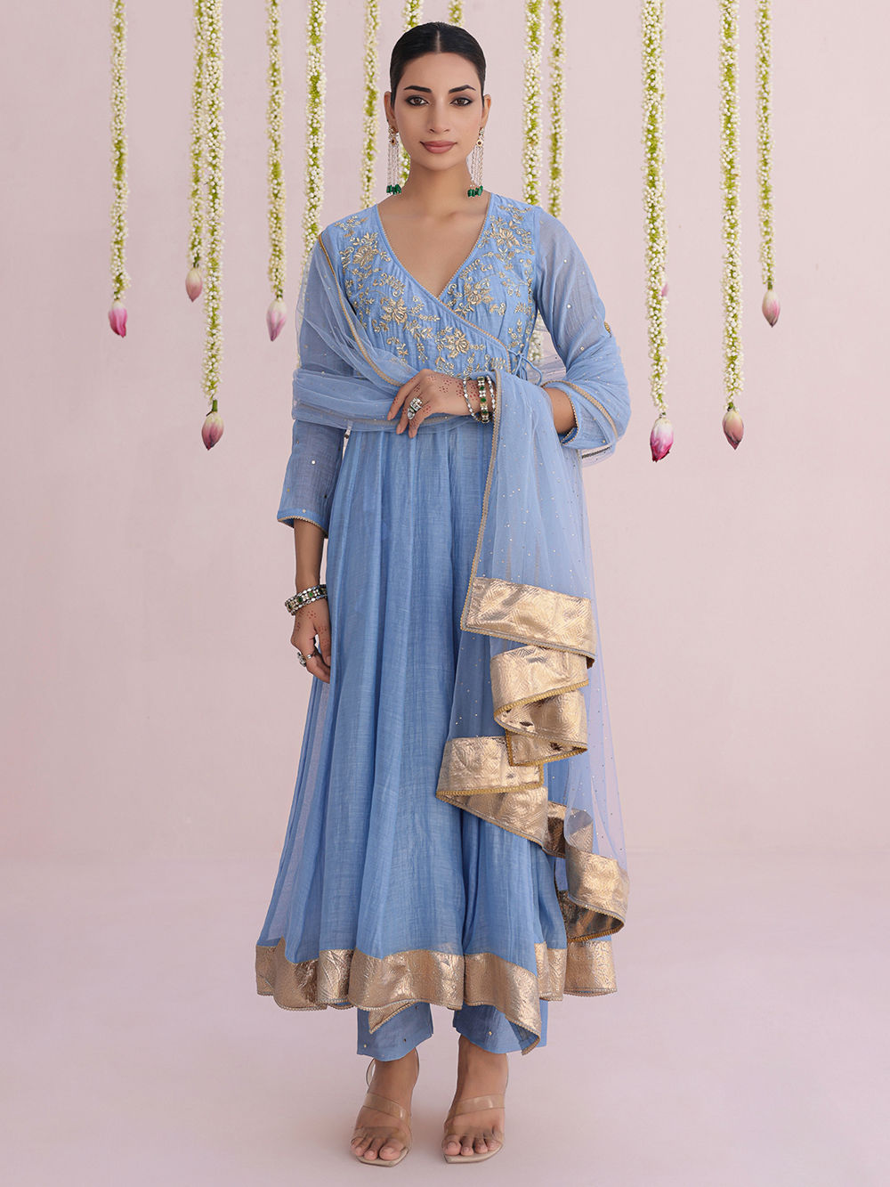 Purple Embroidered Chanderi Suit- Set of 3