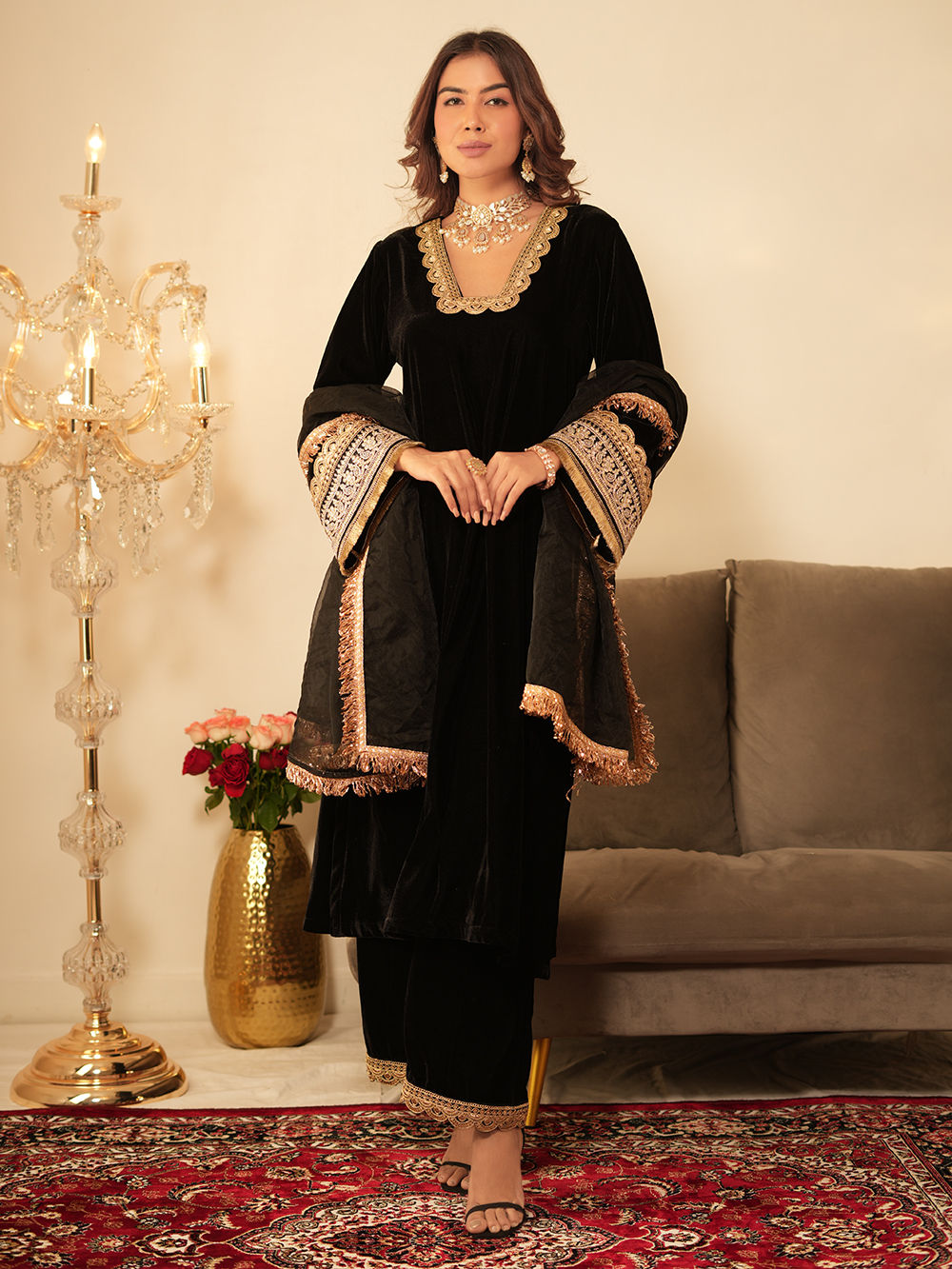 Black Gota Lace Velvet Kurta with Pants- Set of 2