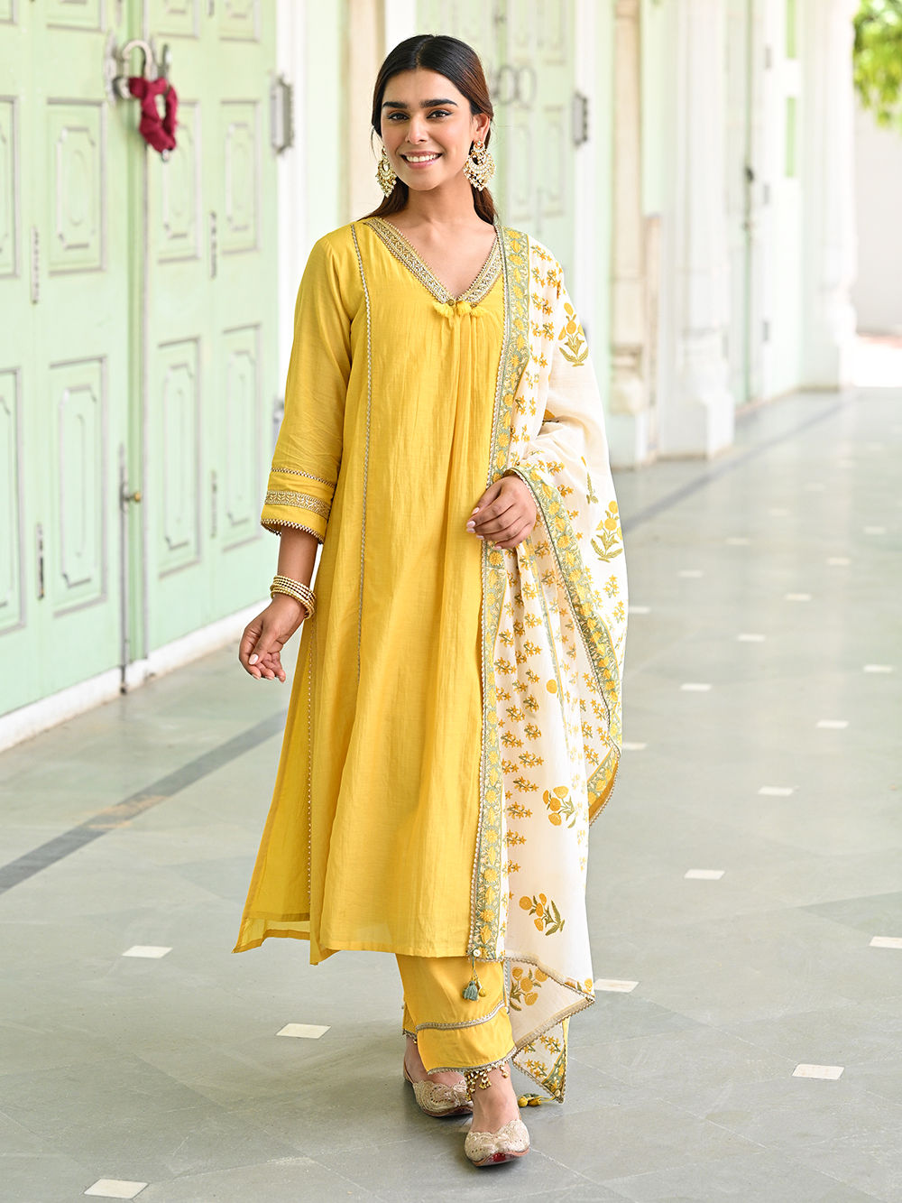 Off White Mirror Work Chanderi Suit- Set of 3