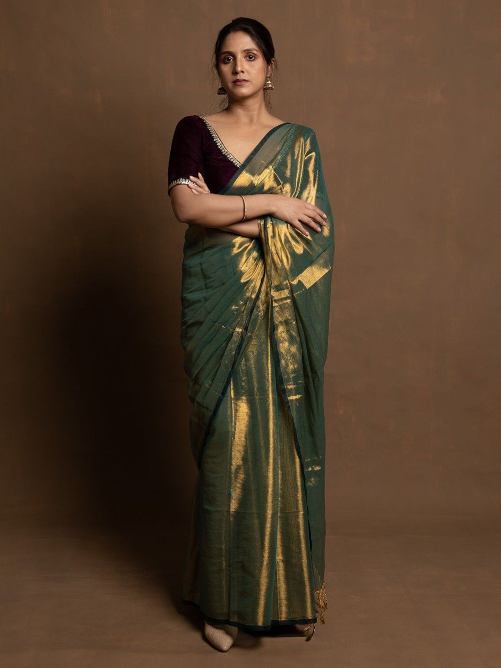 Pista Green Zari Tissue Cotton Blend Saree