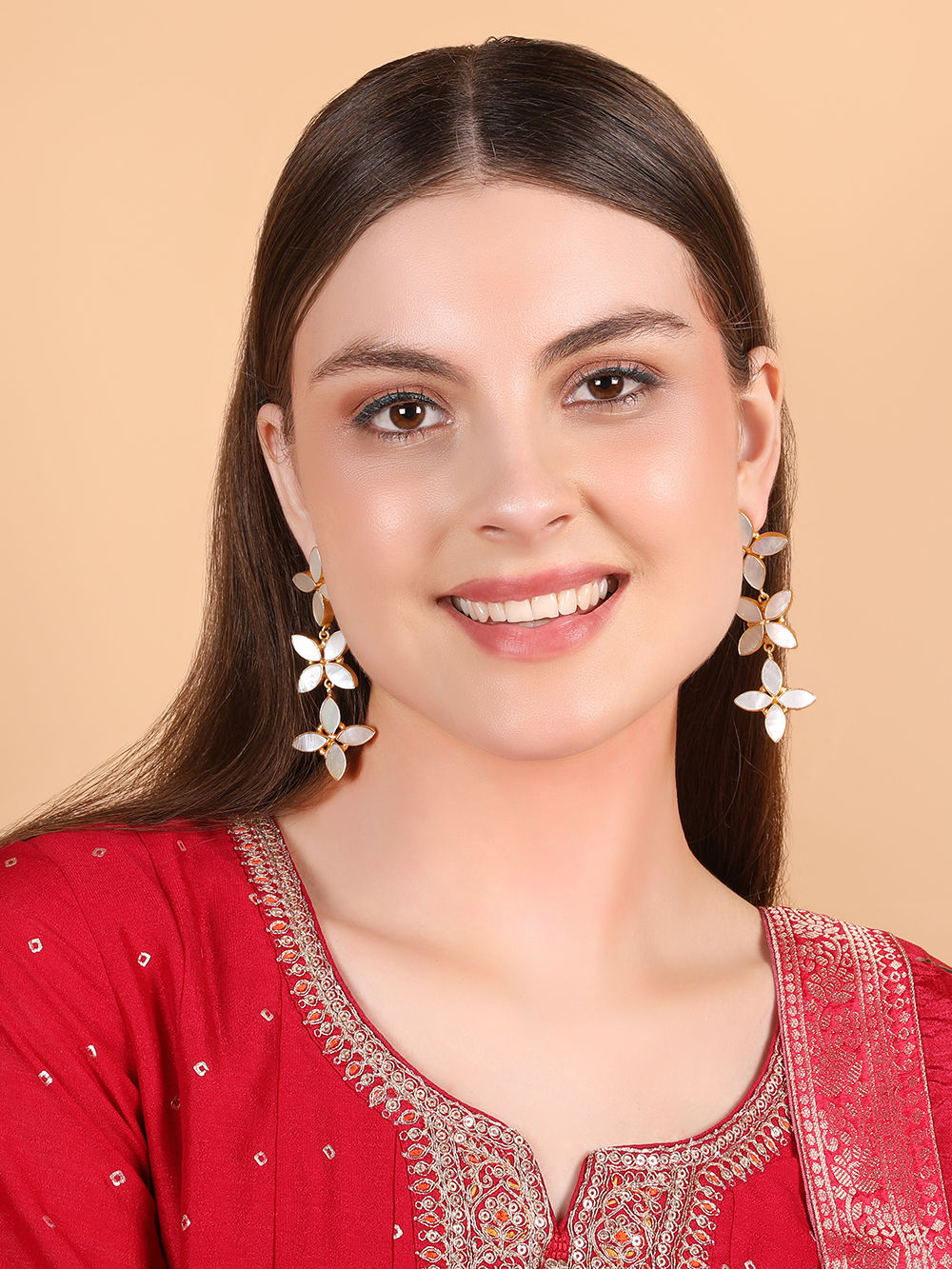 Gold Plated White Handcrafted Brass Necklace with Earrings - Set of 2