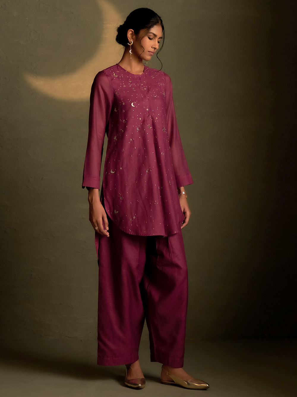 Magenta Hand Embroidered Chanderi Mulmul Dress with Scarf - Set of 2