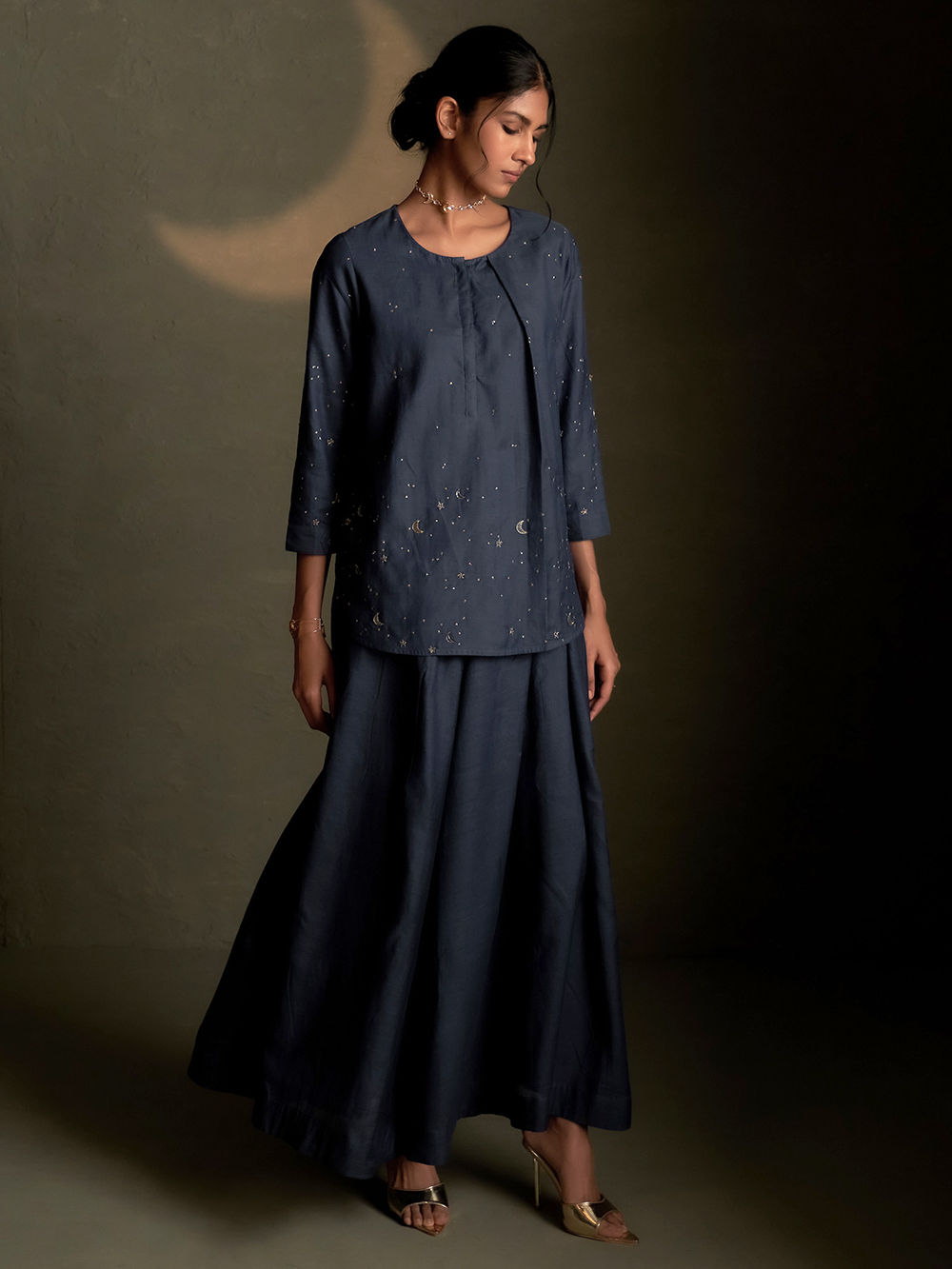 Magenta Hand Embroidered Chanderi Mulmul Dress with Scarf - Set of 2