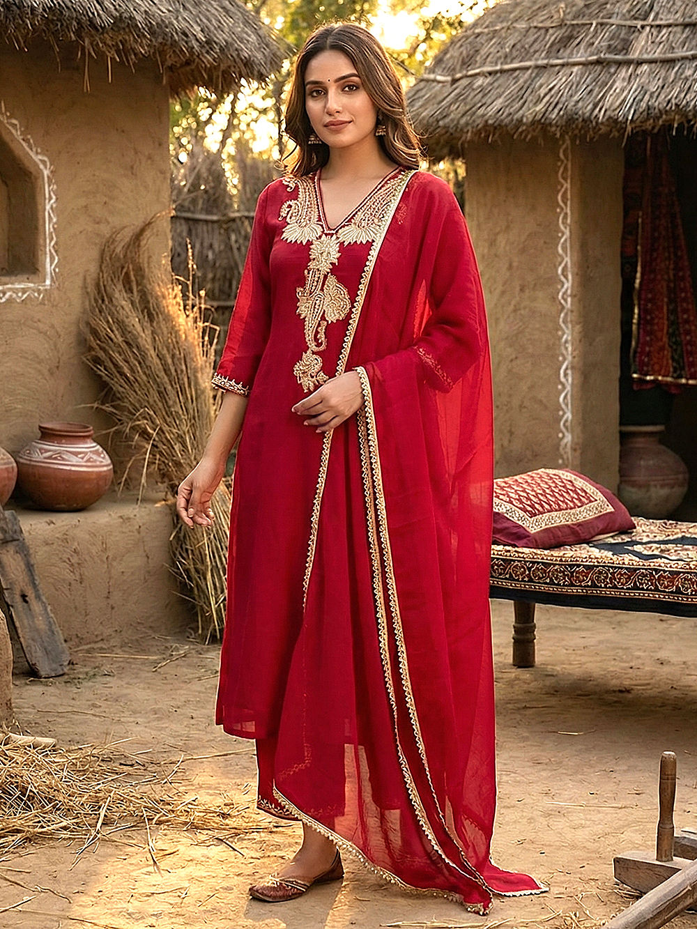 Powder Blue Embroidered Chanderi Mulmul Suit- Set of 3