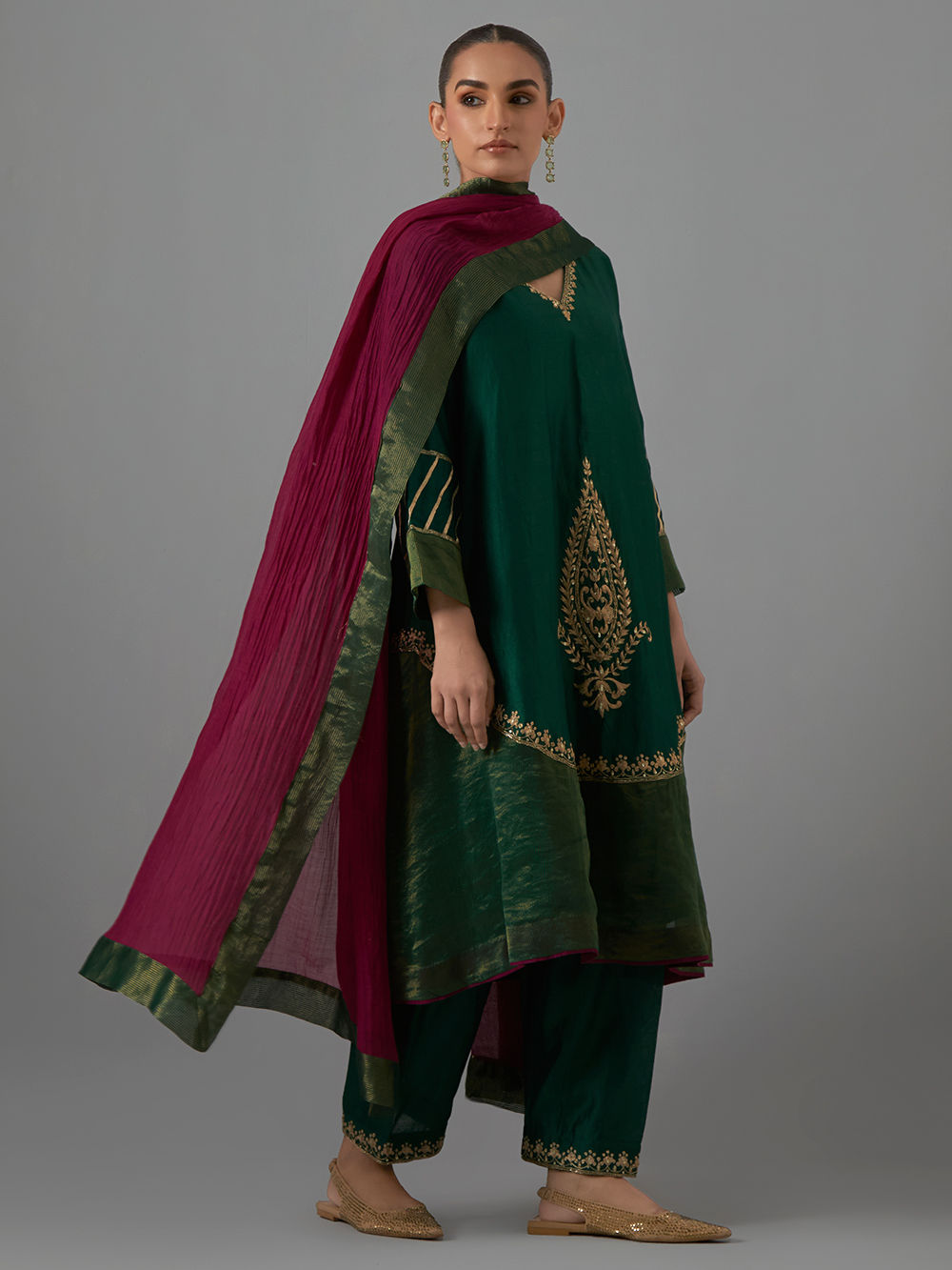 Red Embroidered Chanderi Suit - Set of 3