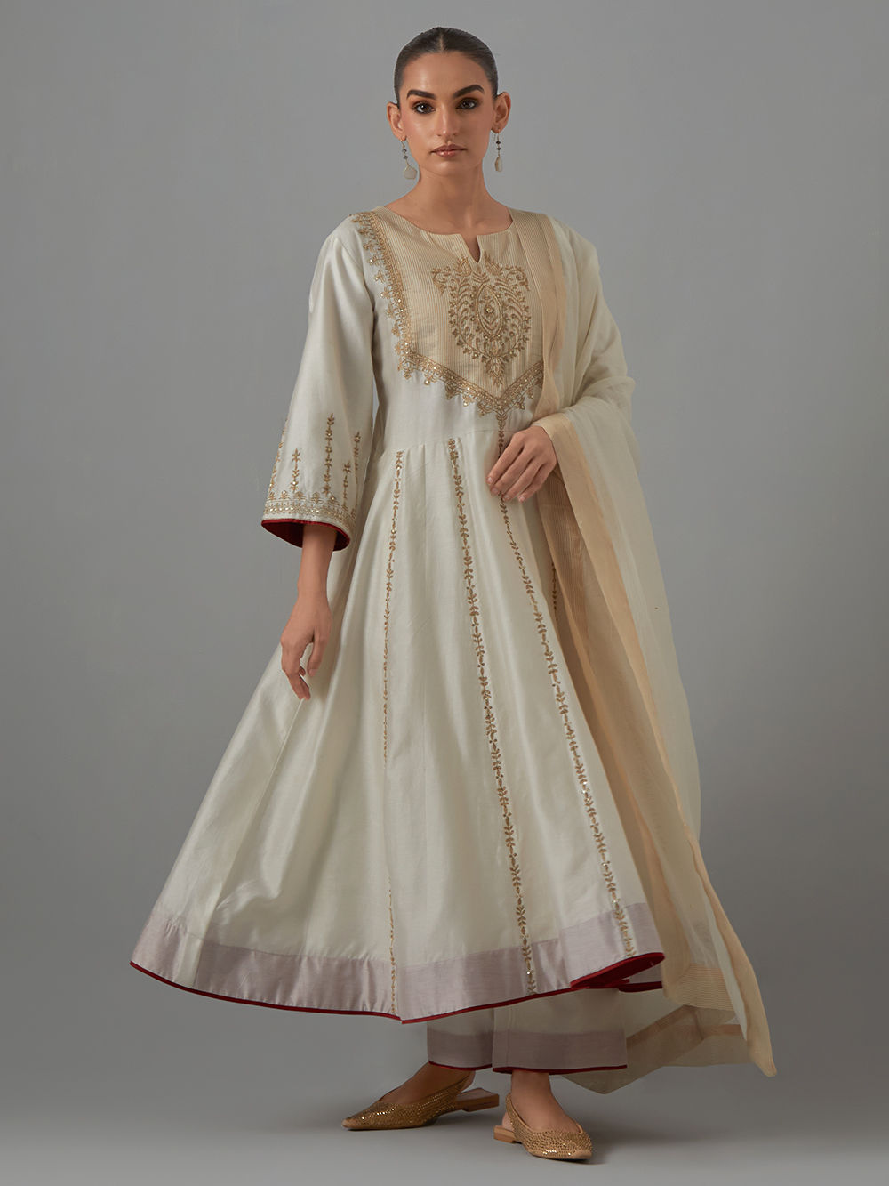 Red Embroidered Chanderi Suit - Set of 3