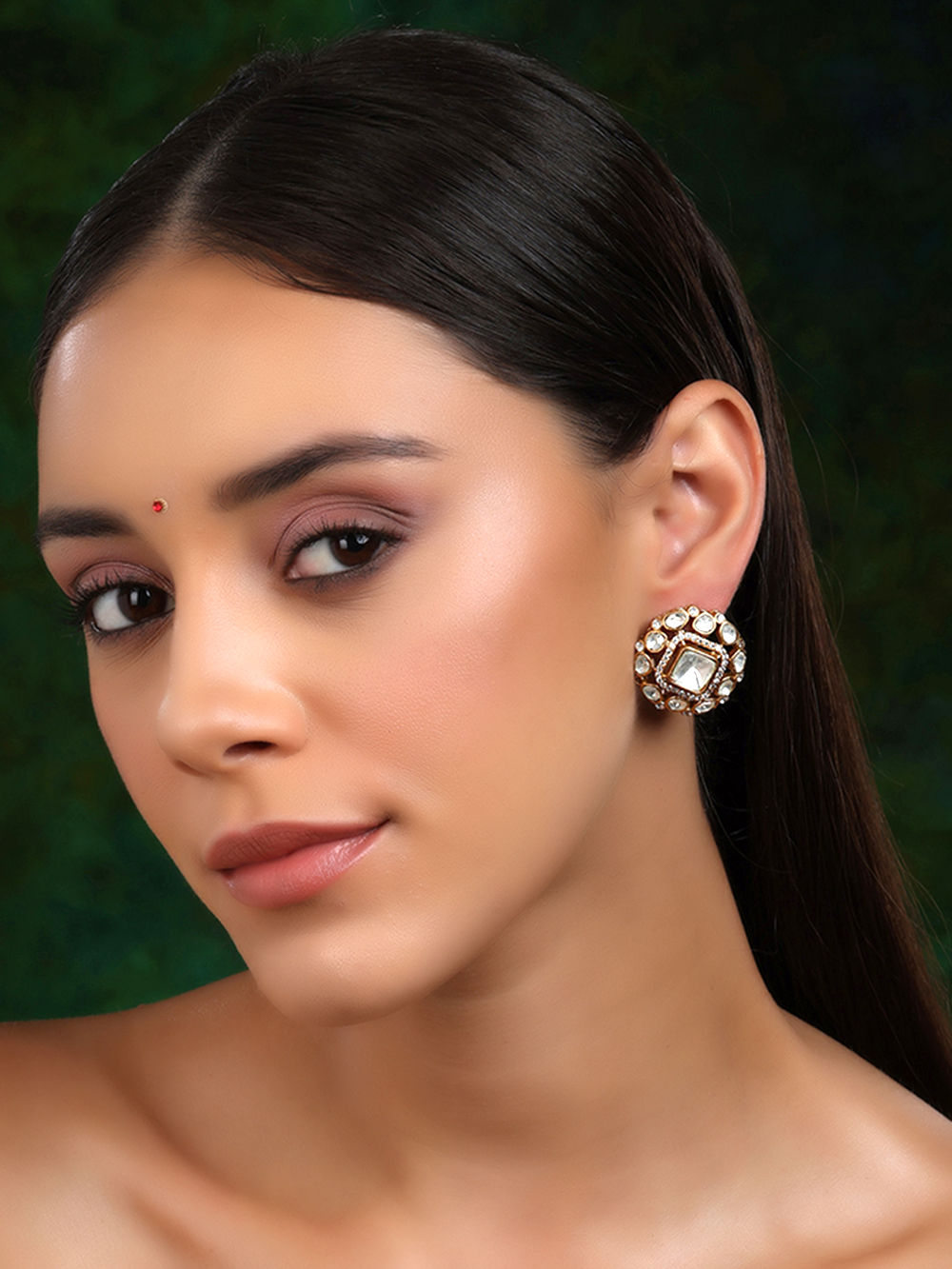 Gold Toned Green Hancrafted Brass Earrings