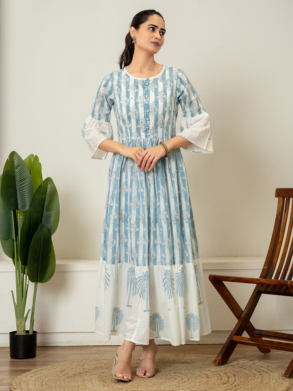 Off White Blue Hand Block Printed Cotton Suit- Set of 3
