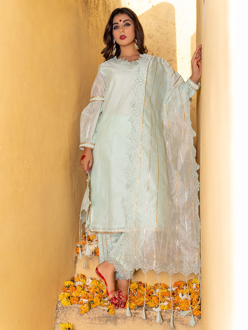 Powder Blue Printed Chanderi Hand Embroidered Suit - Set of 3