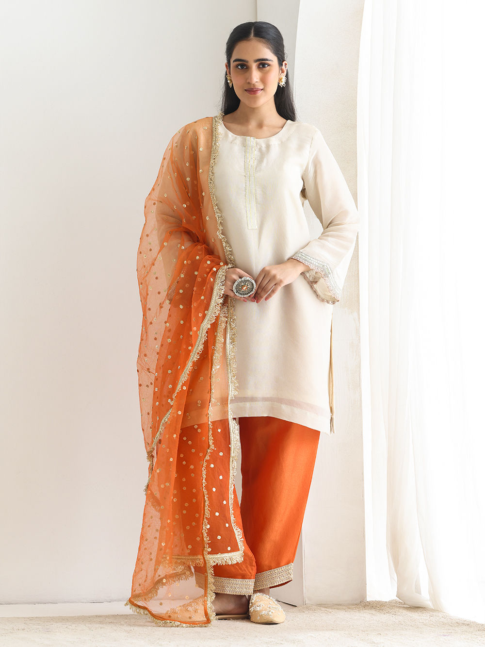Wine Lace Work Crushed Silk Suit- Set of 3
