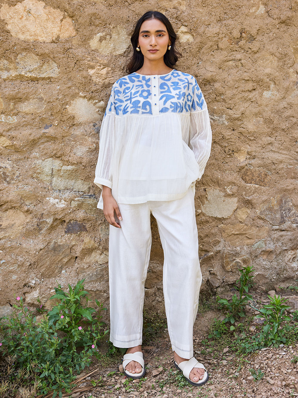 Blue Applique Work Chanderi Top with Slip