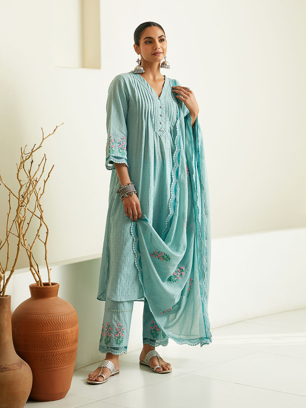 Red Embroidered Mulmul Dupatta