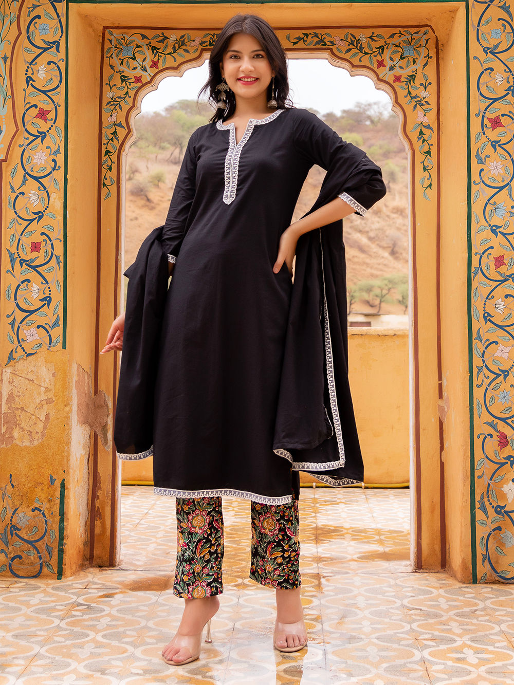Yellow Embroidered Cotton Suit- Set of 3