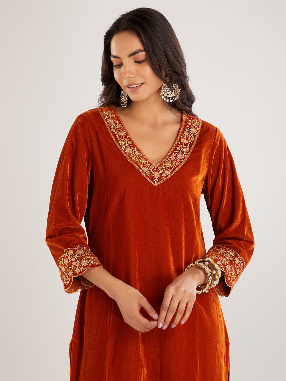 Purple Embroidered Velvet Kurta with Pants- Set of 2