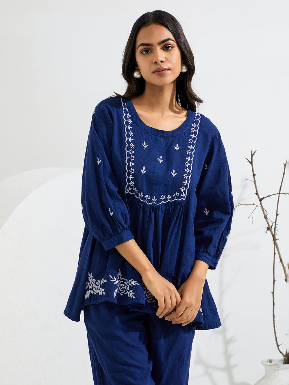 Blue Chikankari Embroidered Cotton Slub Co-ord Set- Set of 2