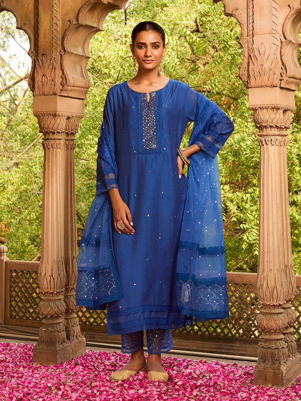 Blue Mukaish Work Chanderi Kurta with Pants- Set of 2