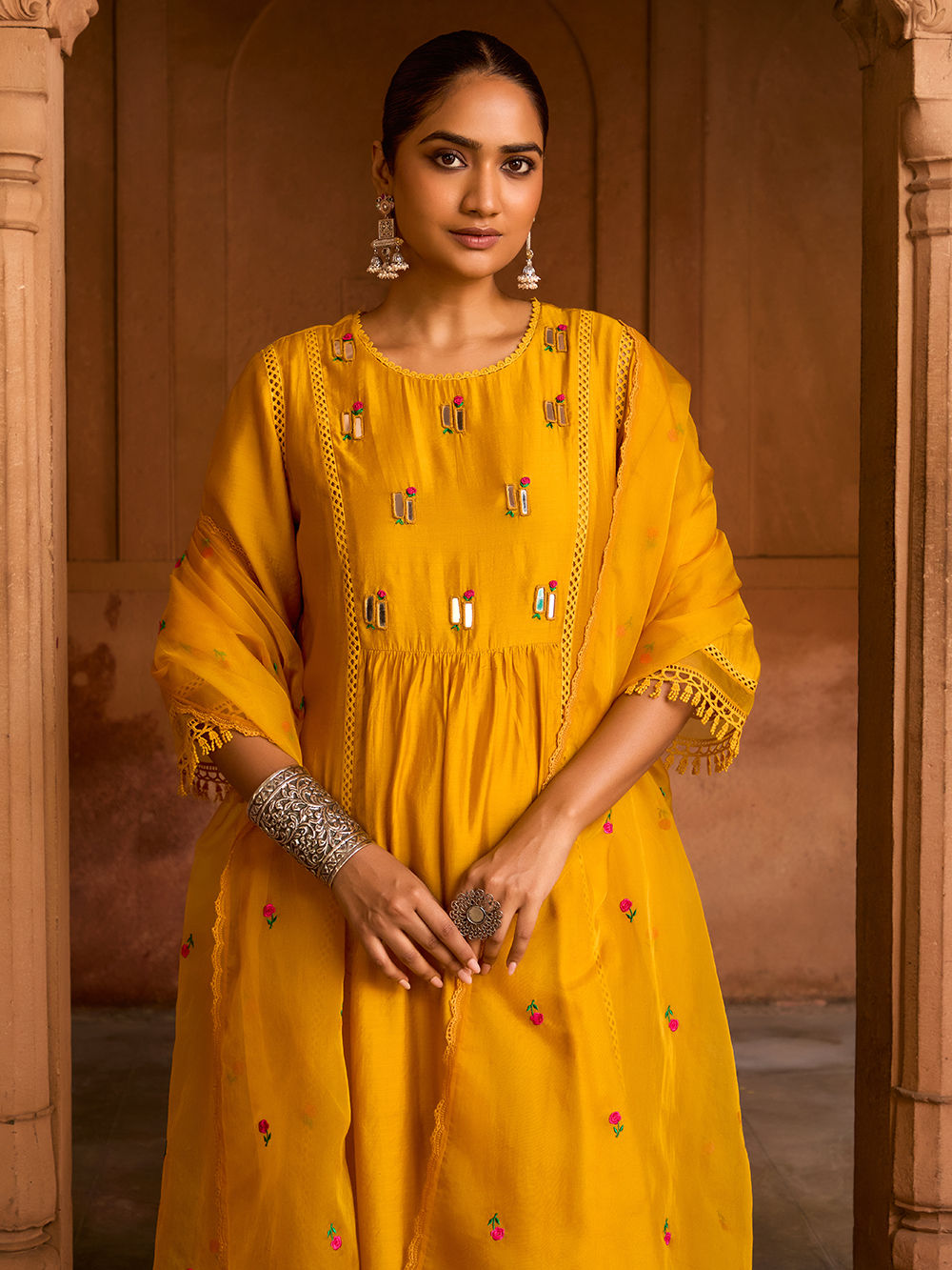 Powder Pink Hand Embroidered Chanderi Kurta with Pants- Set of 2